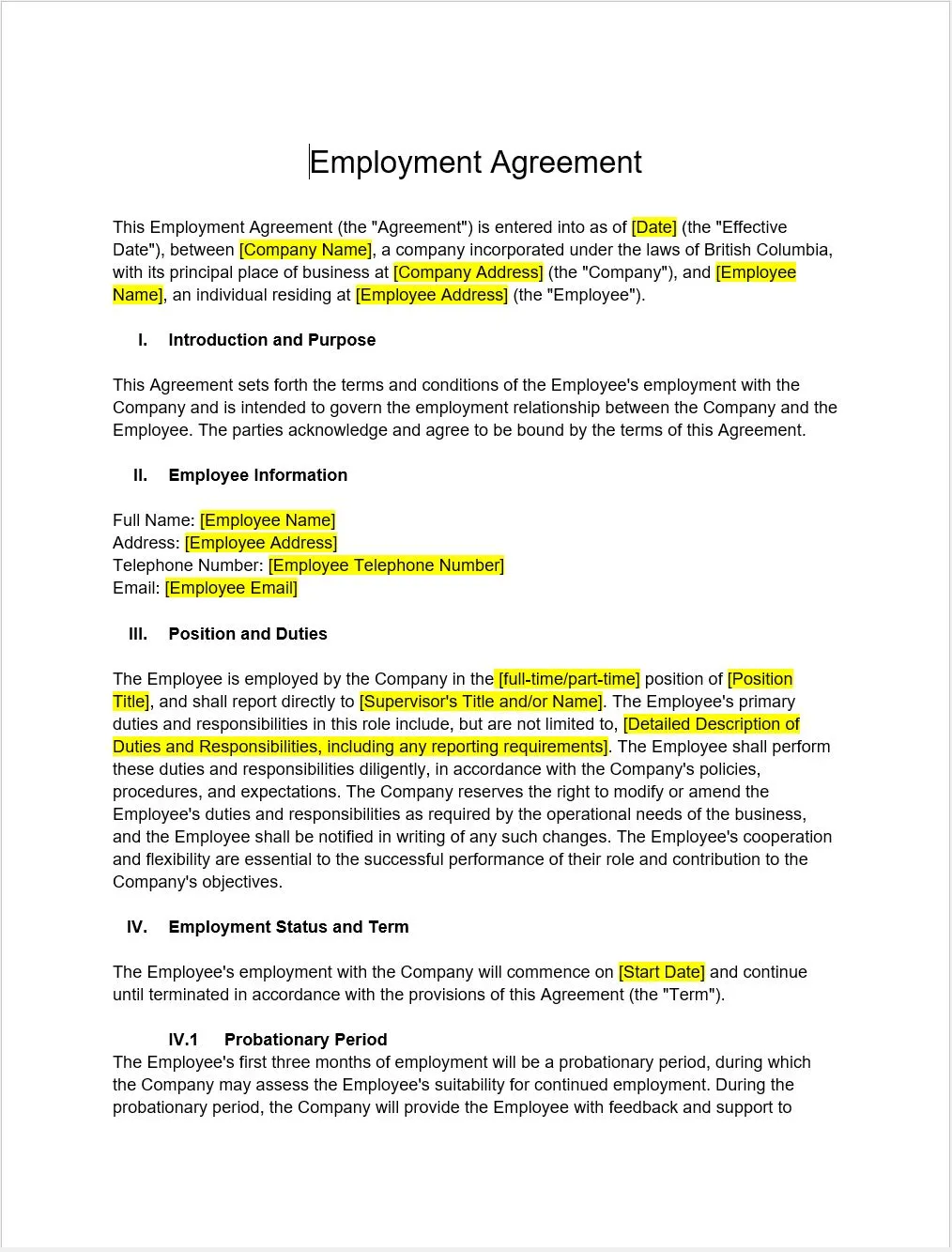 Free Employment Contract Template For BC Employers